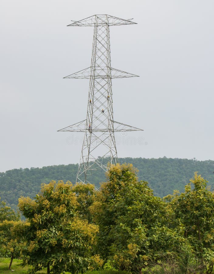 Electricity Transmission Tower Construction with Workers Stock Photo ...