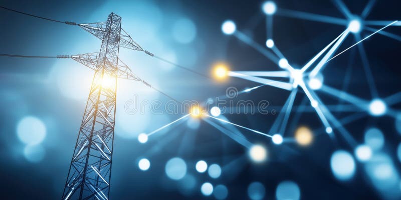 Electricity Transmission Tower with Glowing Connections and Digital ...
