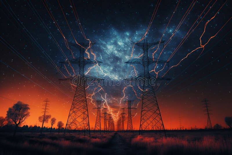 Electricity Transmission Towers with Orange Glowing Light at Night ...