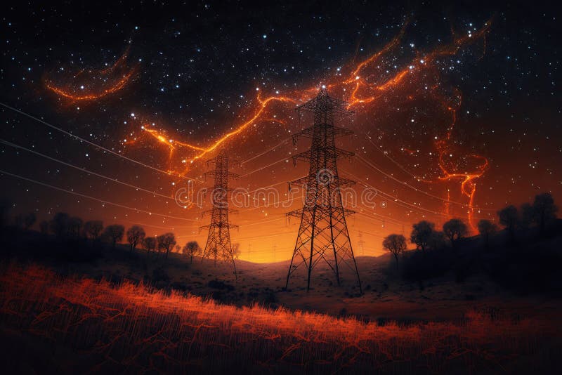 Electricity Transmission Towers with Orange Glowing Light at Night ...