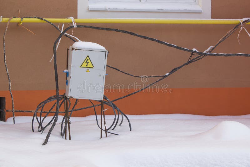 Electricity Warning Box, with Cables Around and Wall Background ...