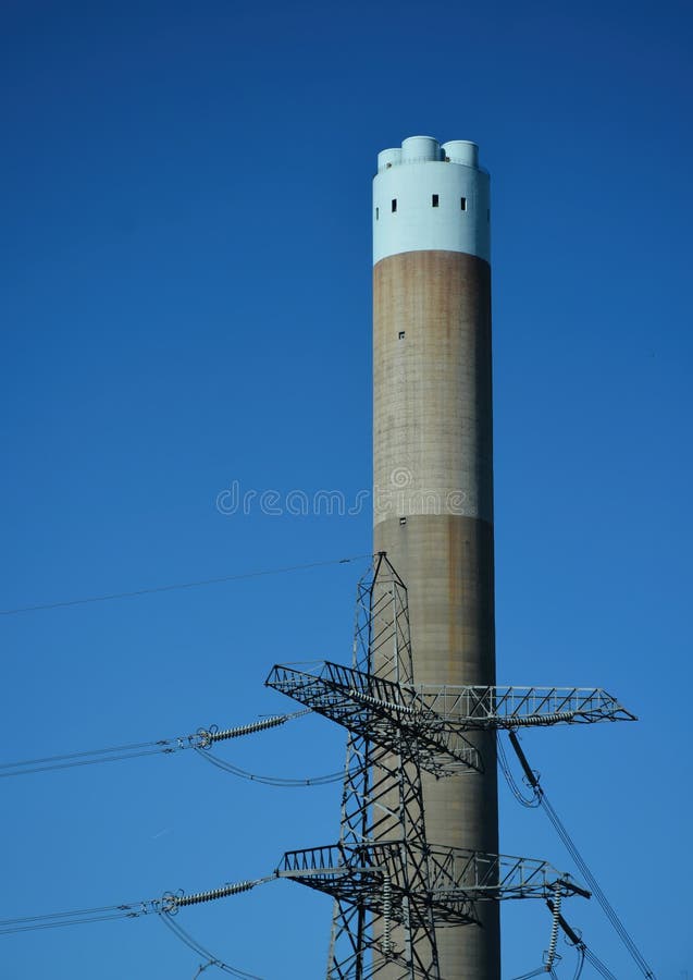 Electricty Power Station Chimney and Pylon Stock Image - Image of blue ...