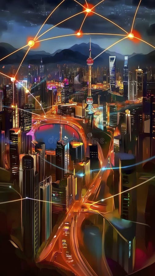 Electrified Cityscape Illustrates Global Connectivity Map Stock ...