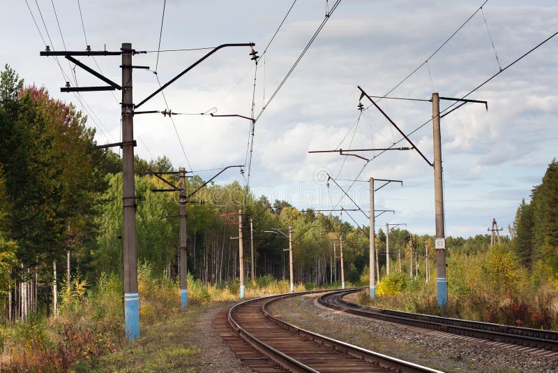 Electrified Railway in the Forest Stock Image - Image of long ...