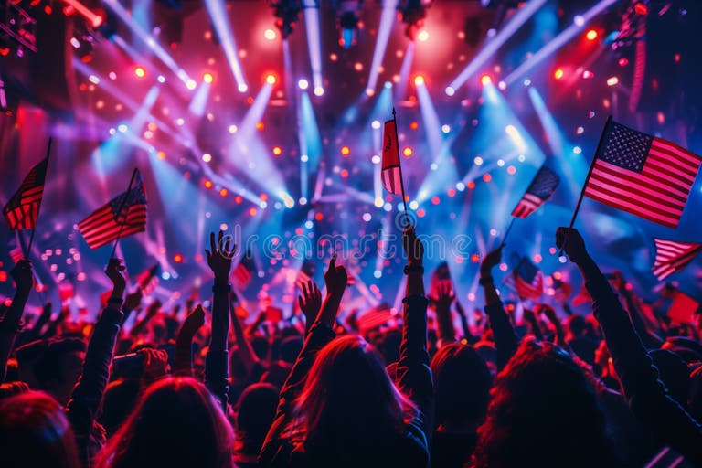 Electrifying Concert with American Flags and Stage Lights Stock ...