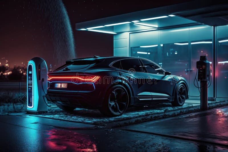 Electro Car on a Charging Station at Night. AI Generation Stock ...