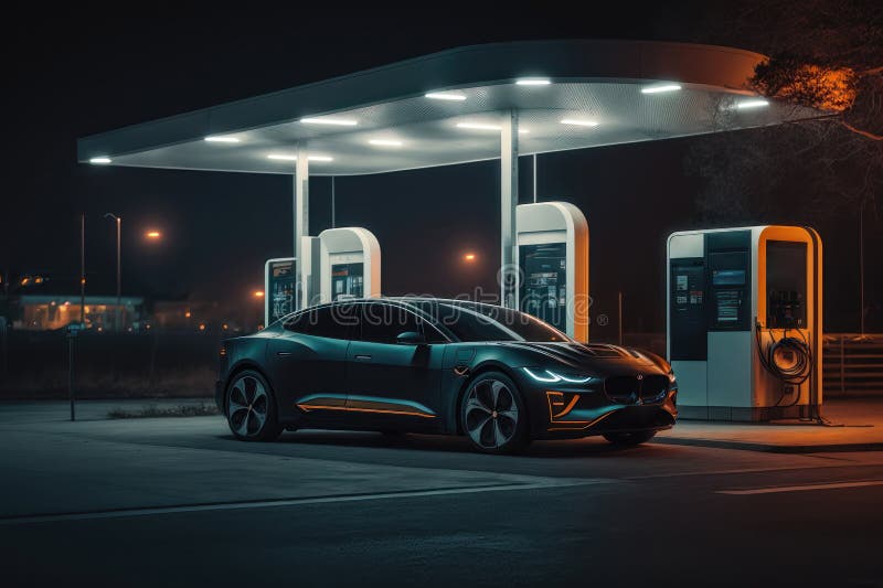 Electro Car on a Charging Station at Night. AI Generation Stock ...