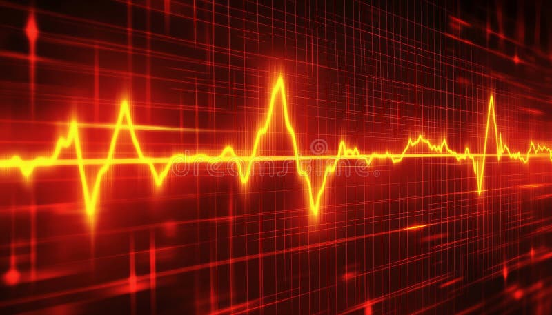 Electrocardiogram ECG Line, Abstract Red Background, Glowing Yellow ...
