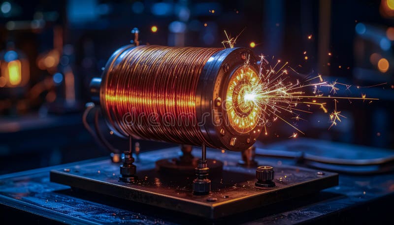 Electromagnetic Coil Generating Sparks in Industrial Workshop with ...