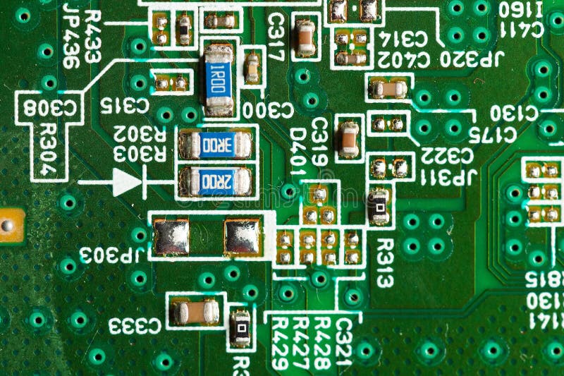 Electronic Board Close-up. Resistance Elements and Resistors on a Green ...