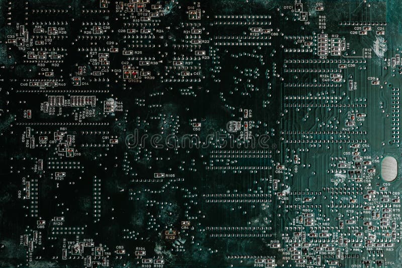 Electronic Board, Computer Microcircuit Top View, Selective Focus. the ...