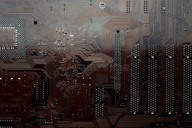 Electronic Board, Computer Microcircuit Top View, Selective Focus. the ...