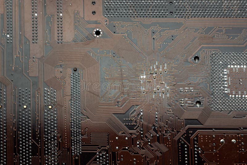 Electronic Board, Computer Microcircuit Top View, Selective Focus. the ...