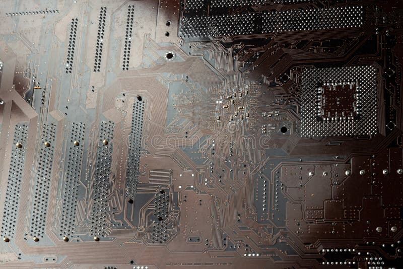 Electronic Board, Computer Microcircuit Top View, Selective Focus. the ...