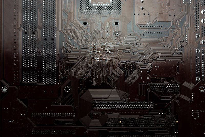 Electronic Board, Computer Microcircuit Top View, Selective Focus. the ...