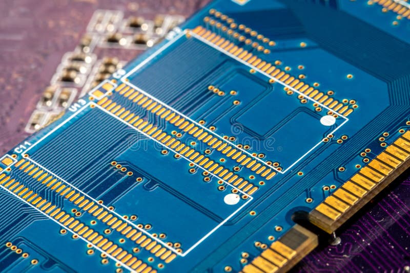 Electronic Board RAM with the Lines and Semiconductor Elements Close Up ...