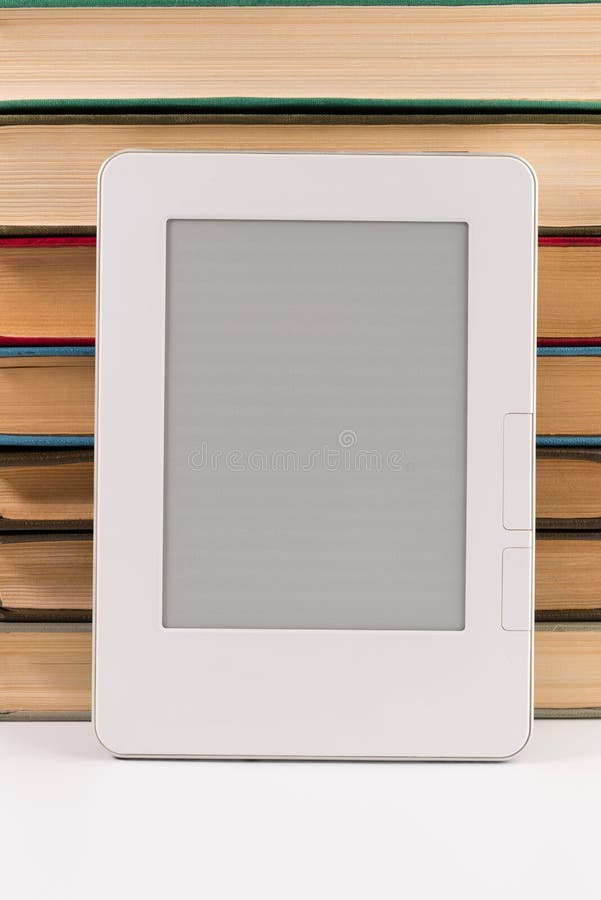 Electronic Book with Stack of Regular Old Books Isolated on White Stock ...