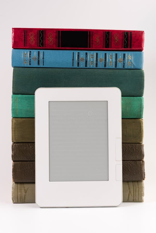 Electronic Book with Stack of Regular Old Books Isolated on White Stock ...