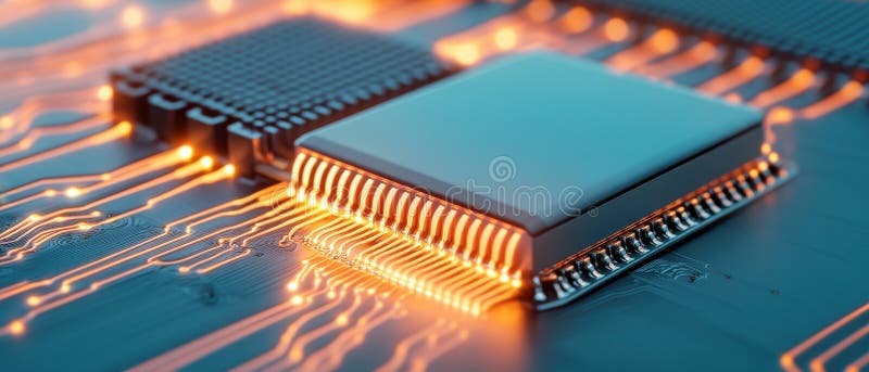 Electronic Chip on Circuit Board with Glowing Light. Data Flow on ...