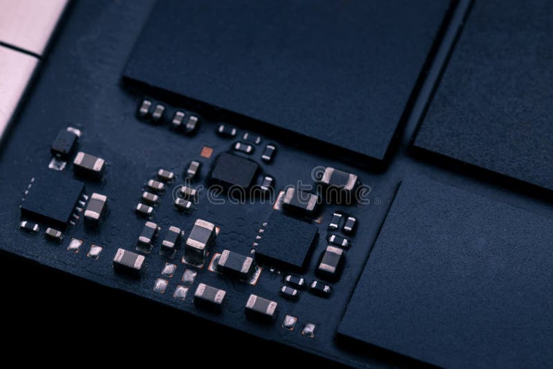 Electronic Chip Component on Black PCB Stock Photo - Image of capacitor ...