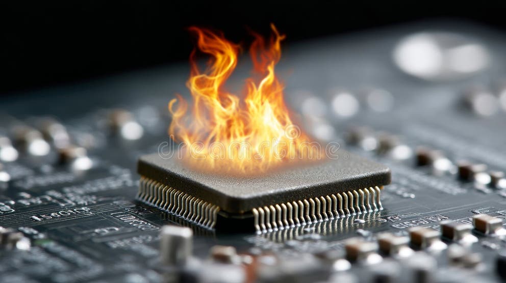 Electronic Chip Overheating and Catching Fire on Circuit Board, Concept of Computer Overload or ...