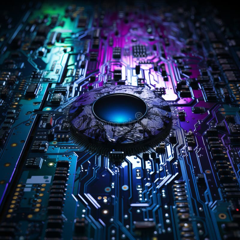 An Electronic Circuit Board with a Blue Button in the Center Stock ...