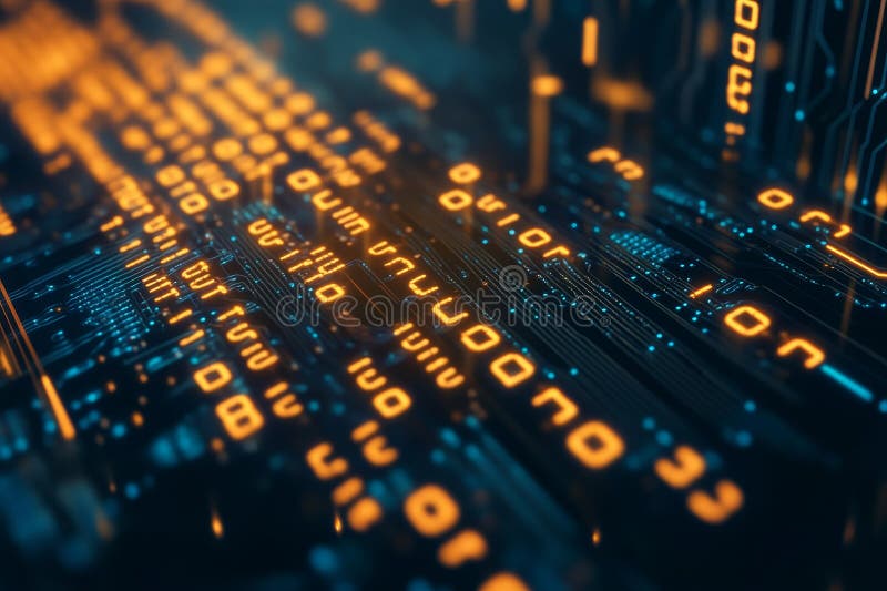 Electronic Circuit Board with Bright Orange and Blue Lights Stock Image ...