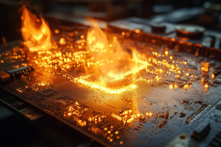 Electronic Circuit Board Burning in Flames with Smoke Stock Image ...