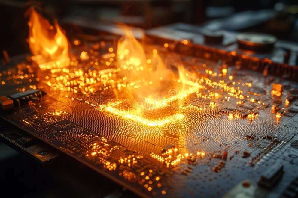 Electronic Circuit Board Burning in Flames with Smoke Stock Image ...