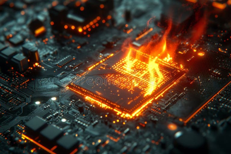 Electronic Circuit Board Burning in Flames with Smoke Stock Image ...