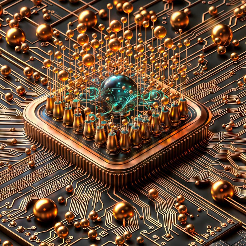 Electronic Circuit Board with a Central Sphere Made of Atoms ...