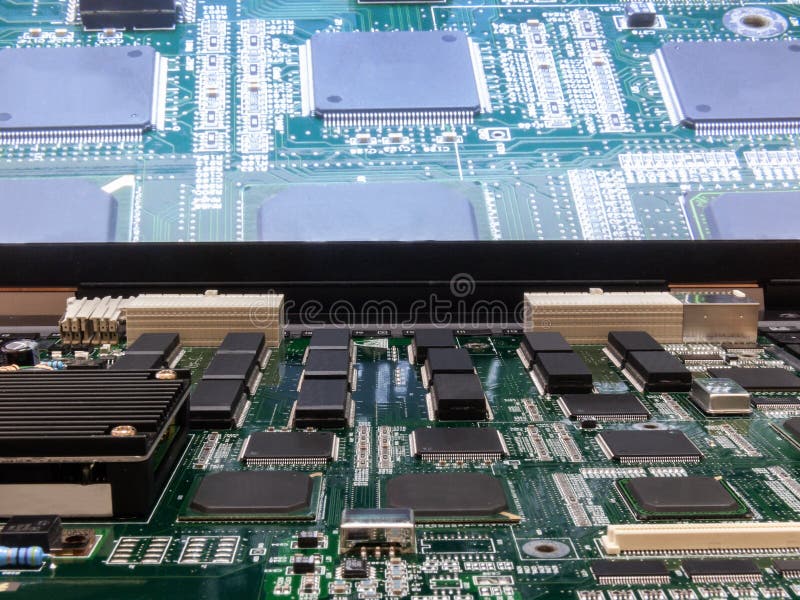 Electronic Circuit Board with Chips and Screen. Close-up Stock Photo ...