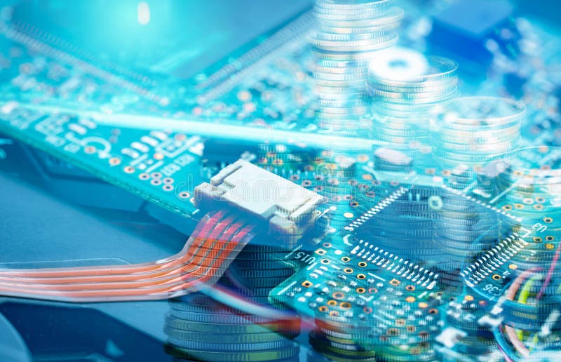 Electronic Circuit Board and Coin Stack. Mainboard of Computer ...