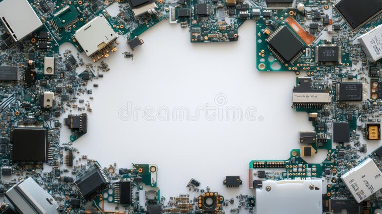 Electronic Circuit Board Components Frame on White Background Tech ...