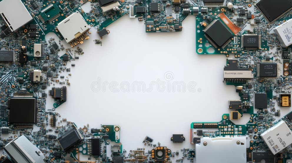 Electronic Circuit Board Components Frame on White Background Tech ...