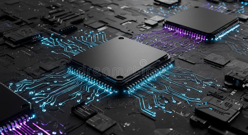 Electronic Circuit Board Featuring Several Black Microchips with ...