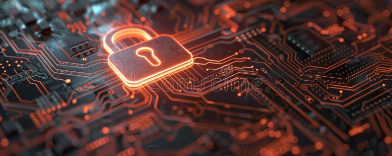 Electronic Circuit Board with Glowing Lock Symbol, Cybersecurity ...