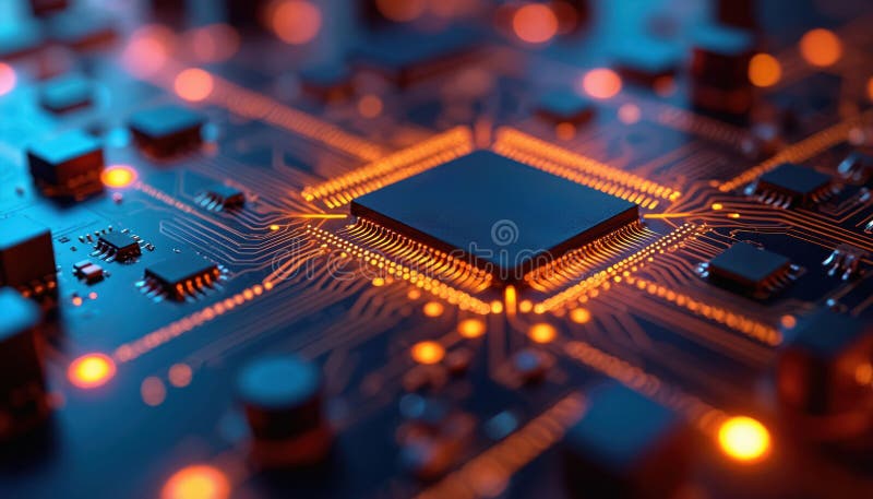 Electronic Circuit Board with Glowing Orange, Blue Lights. Motherboard ...