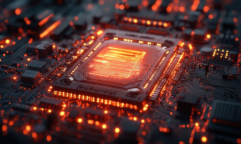 Electronic Circuit Board with Illuminated Chip and Glowing Components ...