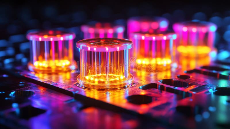 Electronic Circuit Board with Illuminated Tubes in Abstract Blue and ...