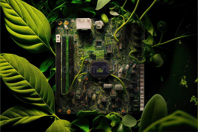 Electronic Circuit Board with Microchips and Green Leaves. Generative ...
