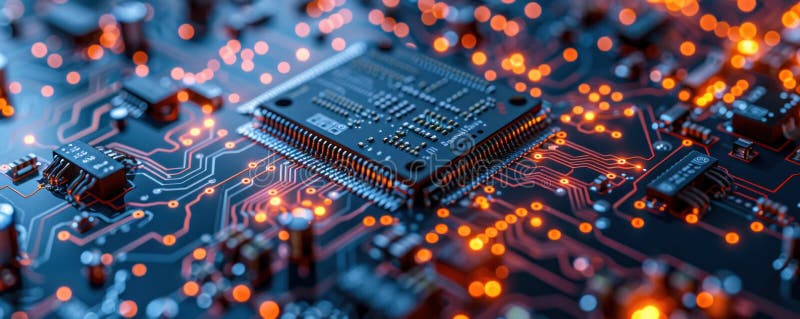 Electronic Circuit Board with Microprocessor Chip and Glowing Lights ...