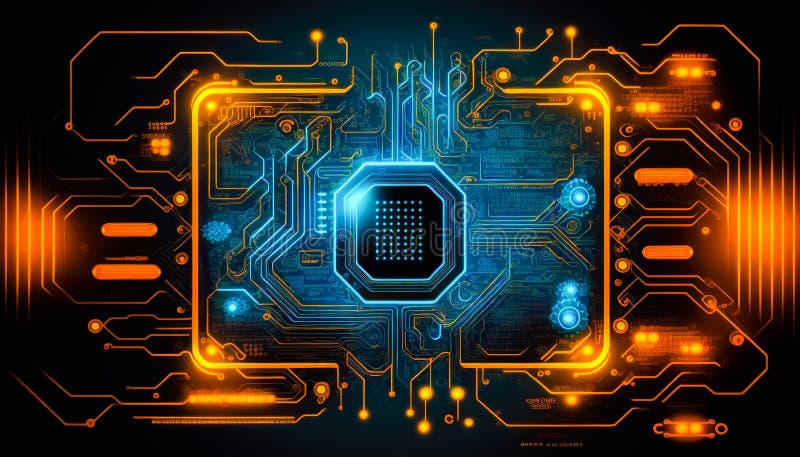An Electronic Circuit Board with Orange and Blue Lights. Generative AI ...