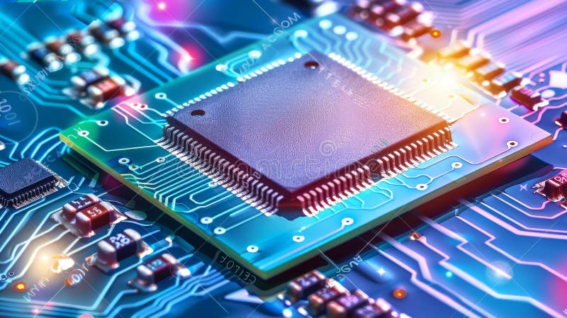 Electronic Circuit Board Showing CPU Chip, Transistors, Resistors, and ...
