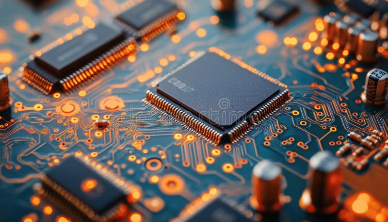 Electronic Circuit Board Showing Cpu Microchip and Components Glowing ...