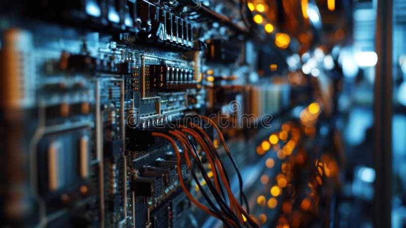 Electronic Circuit Board Showing Data Processing with Orange Cables and ...