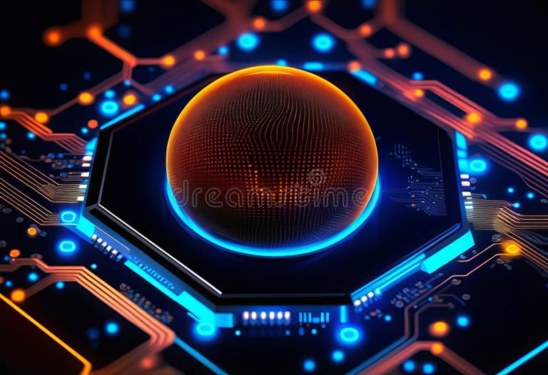 Electronic Circuit Board in Sphere Shield. Blue Technology Network ...