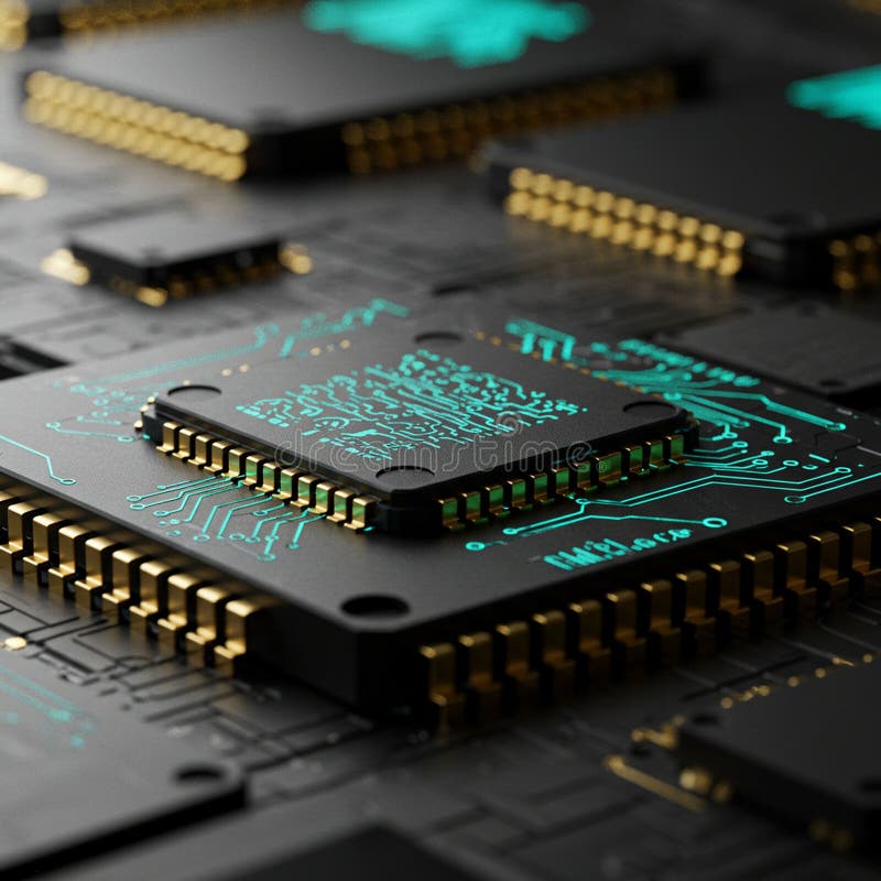 Electronic Circuit Boards Featuring Black Microchips with Gold ...