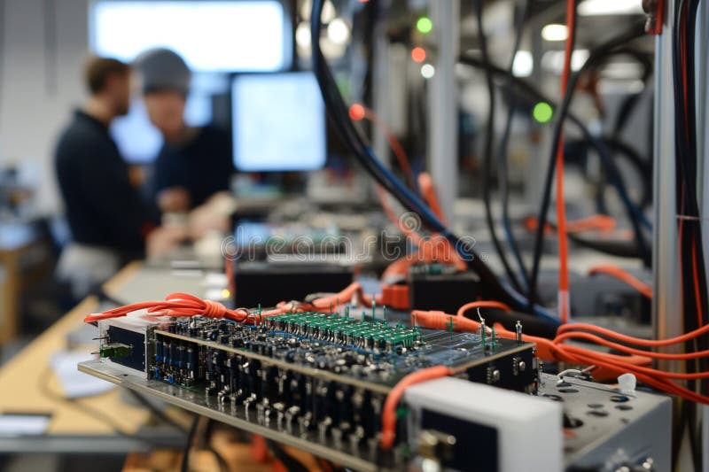 Electronic Circuit Boards with Red Wires in a Research Lab, Showcasing ...