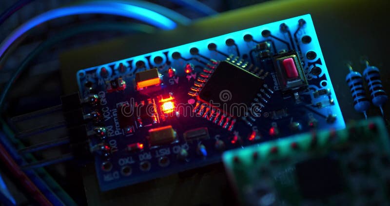 Electronic Circuit with Burning Red LED Light Bulb in Blinking ...
